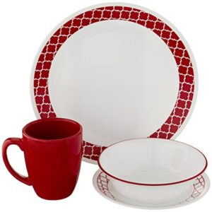 corelle crimson trellis chip and break resistant dinner set, glass, red, set of 16, 29 x 29 x 14.5 cm