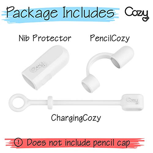 [3-Piece] PencilCozy Combo Pack Cozy The Original Apple Pencil Accessories (Cap Holder/Keeper/Tether) Compatible Apple iPad Pro iPencil Charger/Nib Accessories | Case Friendly Design (White-Combo)