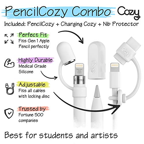 [3-Piece] PencilCozy Combo Pack Cozy The Original Apple Pencil Accessories (Cap Holder/Keeper/Tether) Compatible Apple iPad Pro iPencil Charger/Nib Accessories | Case Friendly Design (White-Combo)