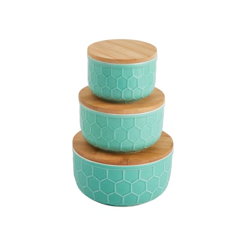 Bloomingville Farmhouse Stoneware Bowls with Honeycomb Design and Bamboo Lids, Mint Green and Natural, Set of 3 Sizes