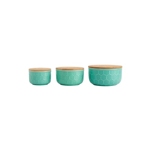 Bloomingville Farmhouse Stoneware Bowls with Honeycomb Design and Bamboo Lids, Mint Green and Natural, Set of 3 Sizes