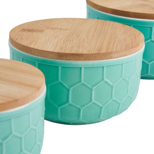 Bloomingville Farmhouse Stoneware Bowls with Honeycomb Design and Bamboo Lids, Mint Green and Natural, Set of 3 Sizes