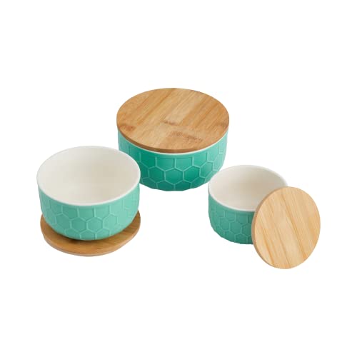 Bloomingville Farmhouse Stoneware Bowls with Honeycomb Design and Bamboo Lids, Mint Green and Natural, Set of 3 Sizes