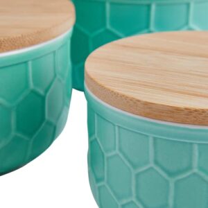 Bloomingville Farmhouse Stoneware Bowls with Honeycomb Design and Bamboo Lids, Mint Green and Natural, Set of 3 Sizes