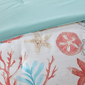 Madison Park 100% Cotton Comforter Set - Coastal Coral, Starfish Design All Season Down Alternative Cozy Bedding with Matching Shams, Decorative Pillow, King(104"x92"), Teal 7 Piece