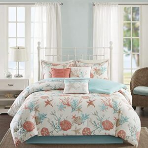 madison park 100% cotton comforter set - coastal coral, starfish design all season down alternative cozy bedding with matching shams, decorative pillow, king(104"x92"), teal 7 piece