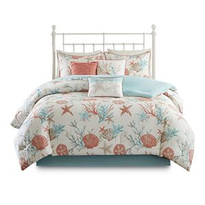 Madison Park 100% Cotton Comforter Set - Coastal Coral, Starfish Design All Season Down Alternative Cozy Bedding with Matching Shams, Decorative Pillow, King(104"x92"), Teal 7 Piece