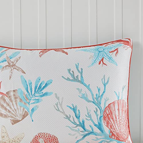 Madison Park 100% Cotton Comforter Set - Coastal Coral, Starfish Design All Season Down Alternative Cozy Bedding with Matching Shams, Decorative Pillow, King(104"x92"), Teal 7 Piece