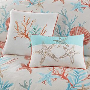 Madison Park 100% Cotton Comforter Set - Coastal Coral, Starfish Design All Season Down Alternative Cozy Bedding with Matching Shams, Decorative Pillow, King(104"x92"), Teal 7 Piece