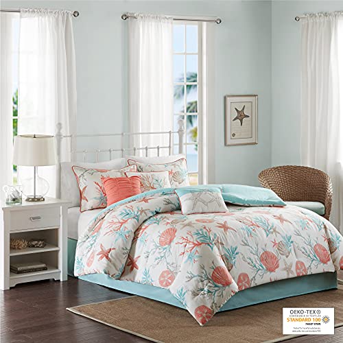 Madison Park 100% Cotton Comforter Set - Coastal Coral, Starfish Design All Season Down Alternative Cozy Bedding with Matching Shams, Decorative Pillow, King(104"x92"), Teal 7 Piece