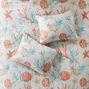 Madison Park 100% Cotton Comforter Set - Coastal Coral, Starfish Design All Season Down Alternative Cozy Bedding with Matching Shams, Decorative Pillow, King(104"x92"), Teal 7 Piece