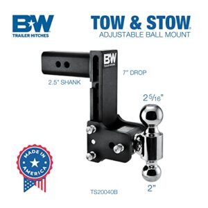 B&W Trailer Hitches Tow & Stow Adjustable Trailer Hitch Ball Mount - Fits 2.5" Receiver, Dual Ball (2" x 2-5/16"), 7" Drop, 14,500 GTW - TS20040B