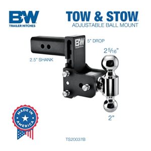 B&W Trailer Hitches Tow & Stow Adjustable Trailer Hitch Ball Mount - Fits 2.5" Receiver, Dual Ball (2" x 2-5/16"), 5" Drop, 14,500 GTW - TS20037B