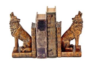 bellaa 26362 decorative bookends howling wolf animal cabin farmhouse vintage bookshelf home decor tabletop shelves nonskid heavy book stoppers 9 inch