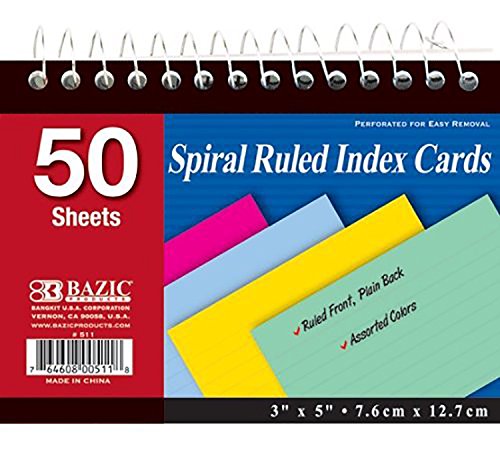 4Pk, BAZIC 50 Ct. Spiral Bound 3" X 5" Ruled Colored Index Cards (Total of 200)