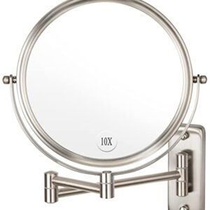 ALHAKIN Wall Mounted Makeup Mirror - 10x Magnification 8'' Two-Sided Swivel Extendable Bathroom Mirror Nickel Finish