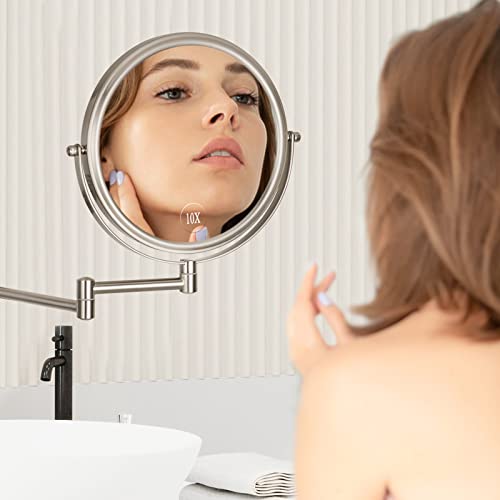 ALHAKIN Wall Mounted Makeup Mirror - 10x Magnification 8'' Two-Sided Swivel Extendable Bathroom Mirror Nickel Finish