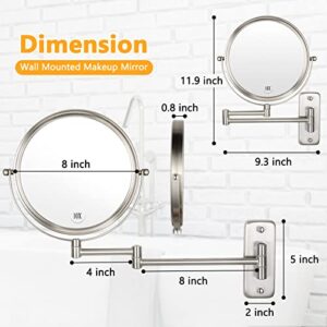 ALHAKIN Wall Mounted Makeup Mirror - 10x Magnification 8'' Two-Sided Swivel Extendable Bathroom Mirror Nickel Finish