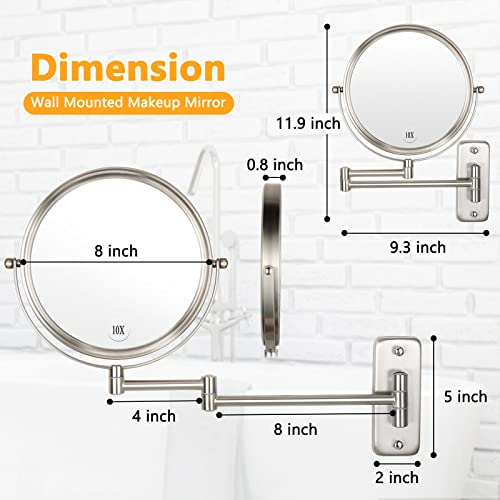 ALHAKIN Wall Mounted Makeup Mirror - 10x Magnification 8'' Two-Sided Swivel Extendable Bathroom Mirror Nickel Finish