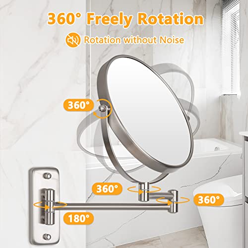 ALHAKIN Wall Mounted Makeup Mirror - 10x Magnification 8'' Two-Sided Swivel Extendable Bathroom Mirror Nickel Finish