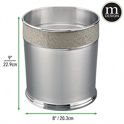 mDesign Decorative Round Small Trash Can Wastebasket, Garbage Container Bin for Bathrooms, Powder Rooms, Kitchens, Home Offices - Polished Stainless Steel with Woven Metallic Textured Accent