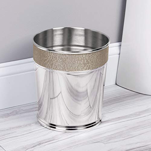 mDesign Decorative Round Small Trash Can Wastebasket, Garbage Container Bin for Bathrooms, Powder Rooms, Kitchens, Home Offices - Polished Stainless Steel with Woven Metallic Textured Accent