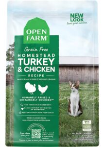 open farm homestead turkey & chicken grain-free dry cat food, wild-caught fish recipe with non-gmo superfoods and no artificial flavors or preservatives, 4 lbs