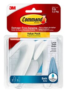 command bath large towel hook value pack, clear frosted, 3-large hooks, 3-water-resistant strips, organize damage-free