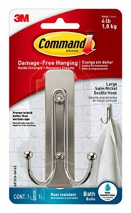 command large double bathroom wall hook, damage free hanging bath hook with adhesive strip, double hook for hanging bath towels, 1 satin nickel colored wall hook and 1 water-resistant command strip, 0