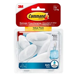 command bath18-6es organize damage-free bath towel hook value pack, medium, frosted