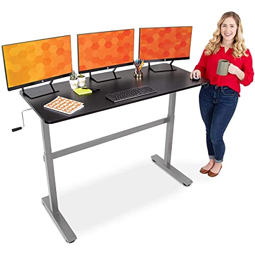 Stand Steady Tranzendesk 55 Inch Standing Desk | Easy Crank Height Adjustable Sit to Stand Workstation | Modern Ergonomic Desk Supports 3 Monitors | Great for Home & Office! (Black Top/Silver Frame)