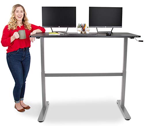 Stand Steady Tranzendesk 55 Inch Standing Desk | Easy Crank Height Adjustable Sit to Stand Workstation | Modern Ergonomic Desk Supports 3 Monitors | Great for Home & Office! (Black Top/Silver Frame)