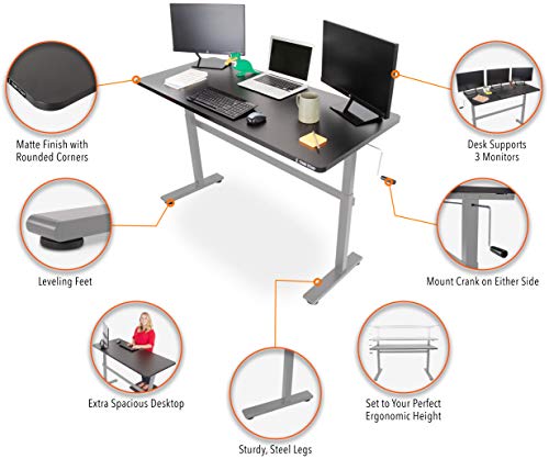 Stand Steady Tranzendesk 55 Inch Standing Desk | Easy Crank Height Adjustable Sit to Stand Workstation | Modern Ergonomic Desk Supports 3 Monitors | Great for Home & Office! (Black Top/Silver Frame)