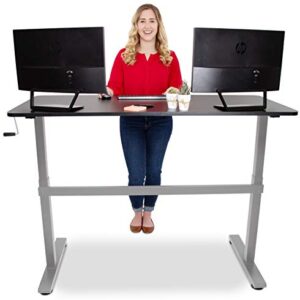 Stand Steady Tranzendesk 55 Inch Standing Desk | Easy Crank Height Adjustable Sit to Stand Workstation | Modern Ergonomic Desk Supports 3 Monitors | Great for Home & Office! (Black Top/Silver Frame)