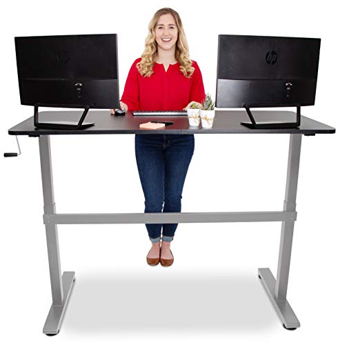 Stand Steady Tranzendesk 55 Inch Standing Desk | Easy Crank Height Adjustable Sit to Stand Workstation | Modern Ergonomic Desk Supports 3 Monitors | Great for Home & Office! (Black Top/Silver Frame)