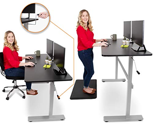 Stand Steady Tranzendesk 55 Inch Standing Desk | Easy Crank Height Adjustable Sit to Stand Workstation | Modern Ergonomic Desk Supports 3 Monitors | Great for Home & Office! (Black Top/Silver Frame)