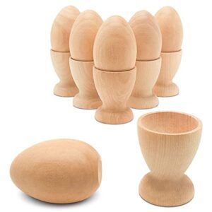 wooden egg holder 2-1/8 inch, pack of 6 egg cups wooden & 6  2-1/2 inch flat bottom eggs in a cup, wood egg unfinished, by woodpeckers