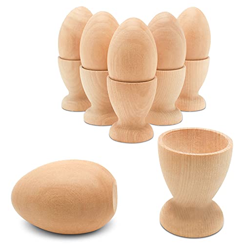 Wooden Egg Holder 2-1/8 inch, Pack of 6 Egg Cups Wooden & 6  2-1/2 inch Flat Bottom Eggs in a Cup, Wood Egg Unfinished, by Woodpeckers