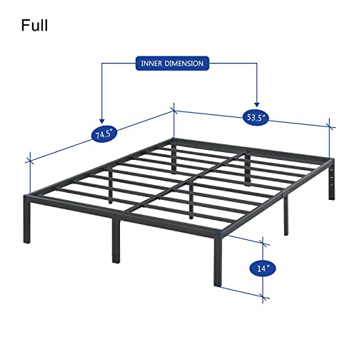 Olee Sleep 14 Inch Heavy Duty Steel Slat Anti-slip Support Easy Assembly Mattress Foundation Bed Frame Maximum Storage Noise Free No Box Spring Needed, Black, Metal, Full