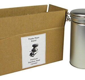 Thistle Moon 2 PC Metal Tea Coffee and Spice Tin Set – 12 Ounce Airtight Round Cannisters with Latch Lids – 6.5” x 3.6” Containers for Tea, Herbs, or Seasoning Storage