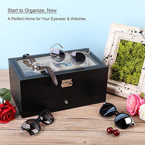 CO-Z Sunglasses Organizer for Women Men, Multiple Eyeglasses Eyewear Display Case, Leather Multi Sunglasses Jewelry Collection Holder with Drawer, Sunglass Glasses Storage Box with 12 Compartments