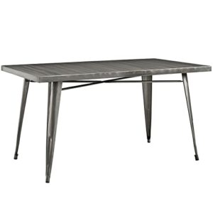 modway alacrity 60" rustic modern farmhouse stainless steel metal rectangle dining table in gunmetal