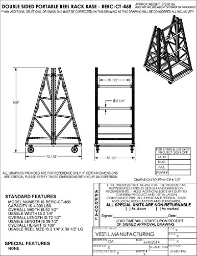 Vestil RERC-CT-468 Portable Two Sided Reel Rack, 53" x 73" x 108", Silver Frame/Orange Bracket