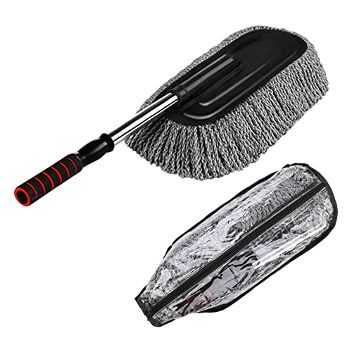 Microfiber Car Duster Exterior Interior Cleaner Cleaning Detailing Kit Size 15.7 Inch with Long Retractable Handle to Trap Dust and Pollen for Washing Car Bike RV Boats or Home Use, Grey