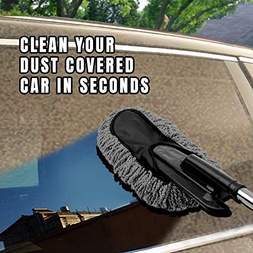 Microfiber Car Duster Exterior Interior Cleaner Cleaning Detailing Kit Size 15.7 Inch with Long Retractable Handle to Trap Dust and Pollen for Washing Car Bike RV Boats or Home Use, Grey