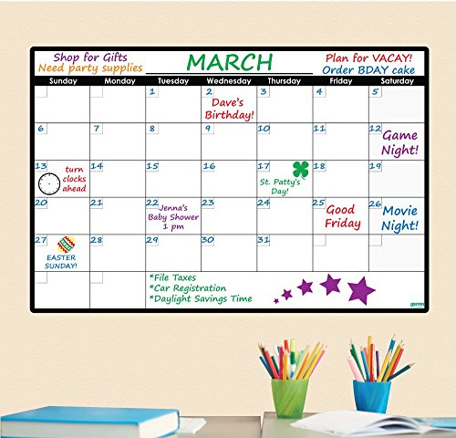 Everase Re-Stic Dry Erase Self-Adhesive Peel & Stick Surface Monthly Calendar | Wall Planner (24 x 36 in.) FREE Marker & Cloth | Organizer, Walls, Doors, Offices | Premium Quality Removable Surface