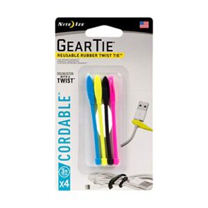 nite ize gear tie cordable, the original reusable rubber twist tie with stretch-loop for cord management + storage, 3-inch, assorted colors, 4 pack, made in the usa