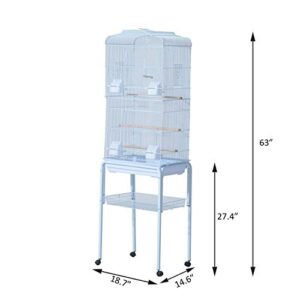 PawHut 63" Metal Indoor Bird Cage Starter Kit With Detachable Rolling Stand, Storage Basket, And Accessories, White