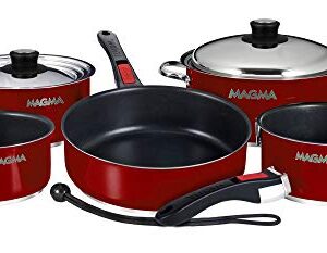 Magma Products, A10-366-MR-2-IN Gourmet Nesting 10-Piece Red Stainless Steel Induction Cookware Set with Ceramica Non-Stick