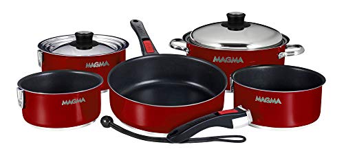 Magma Products, A10-366-MR-2-IN Gourmet Nesting 10-Piece Red Stainless Steel Induction Cookware Set with Ceramica Non-Stick